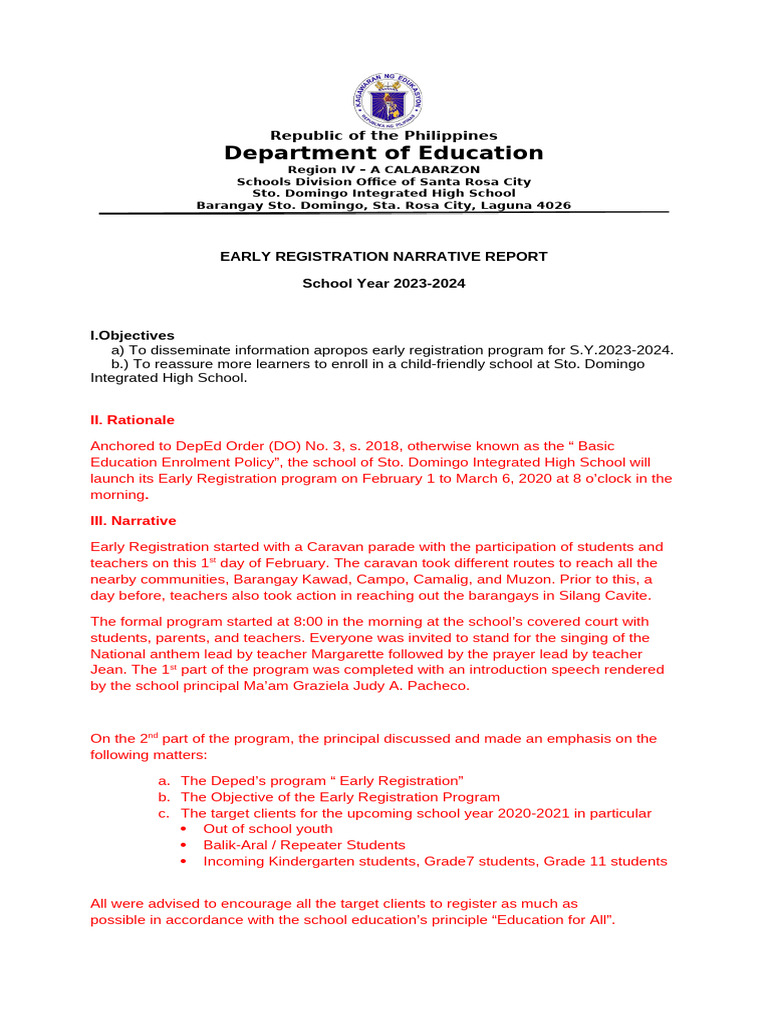 EARLY REGISTRATION NARRATIVE For S.Y. 2023 2024 | PDF | Birth Certificate