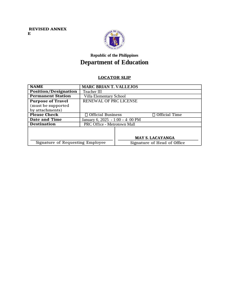 Revised Annex E Locator Slip 1 | PDF