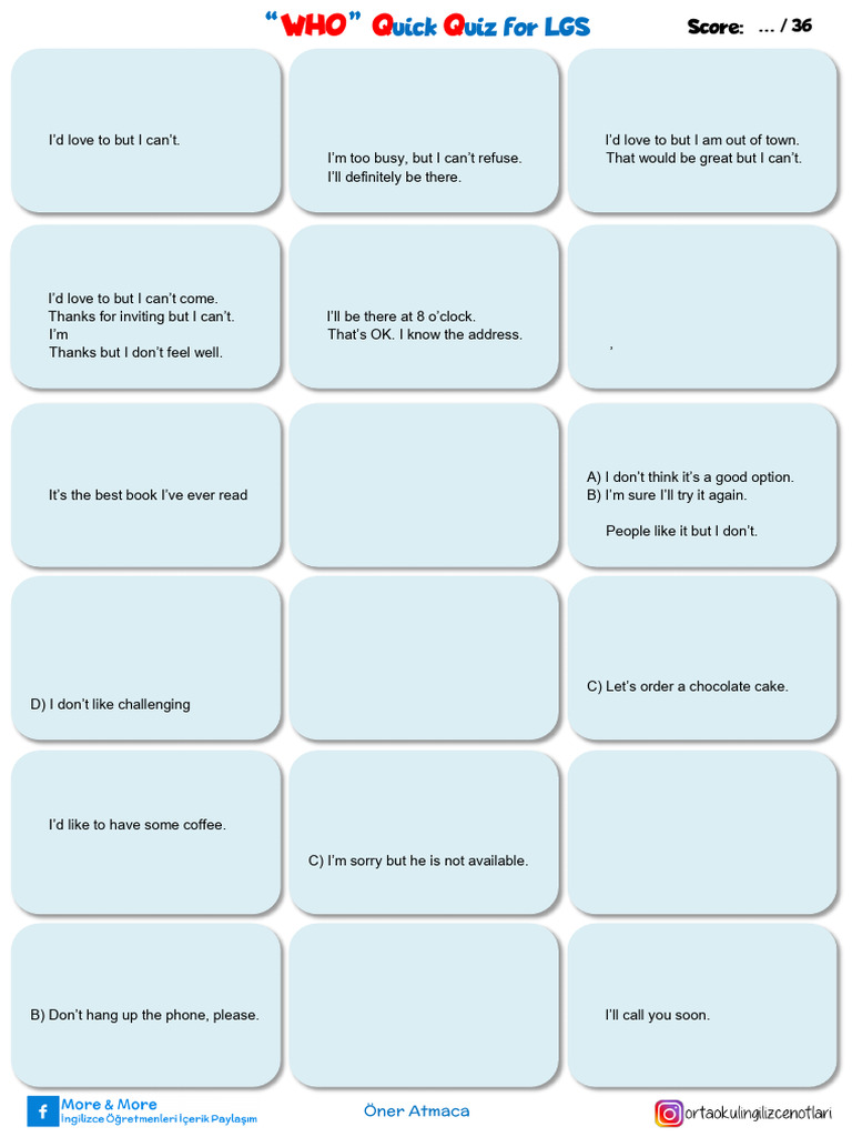 WHO-Quick Quiz For LGS (Unit 1-9) - Öner Atmaca | PDF | Cakes | Foods
