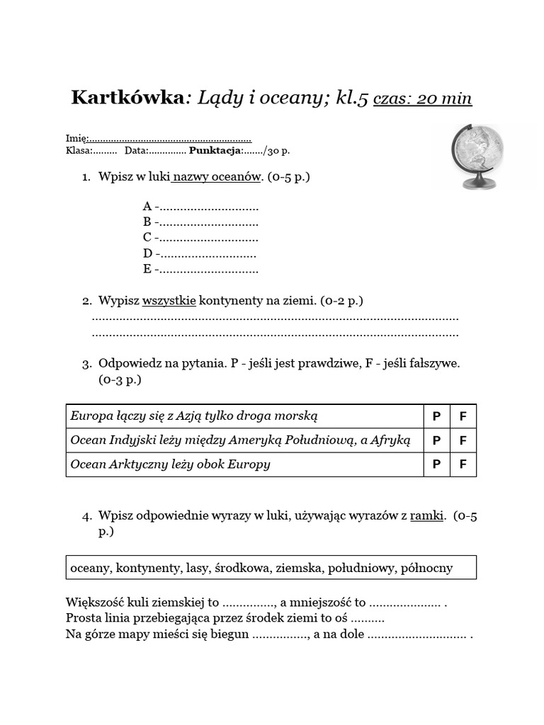 Lądy I Oceany (Geografia Klasa 5) | PDF