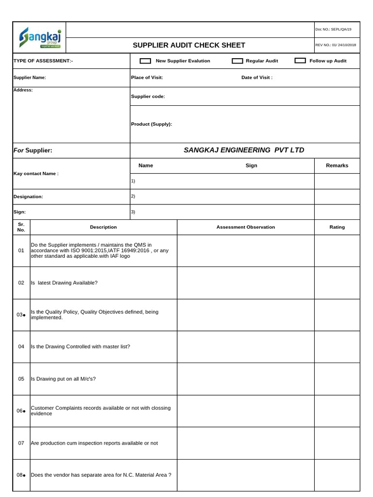 Supplier Audit Checklist Template | PDF | Audit