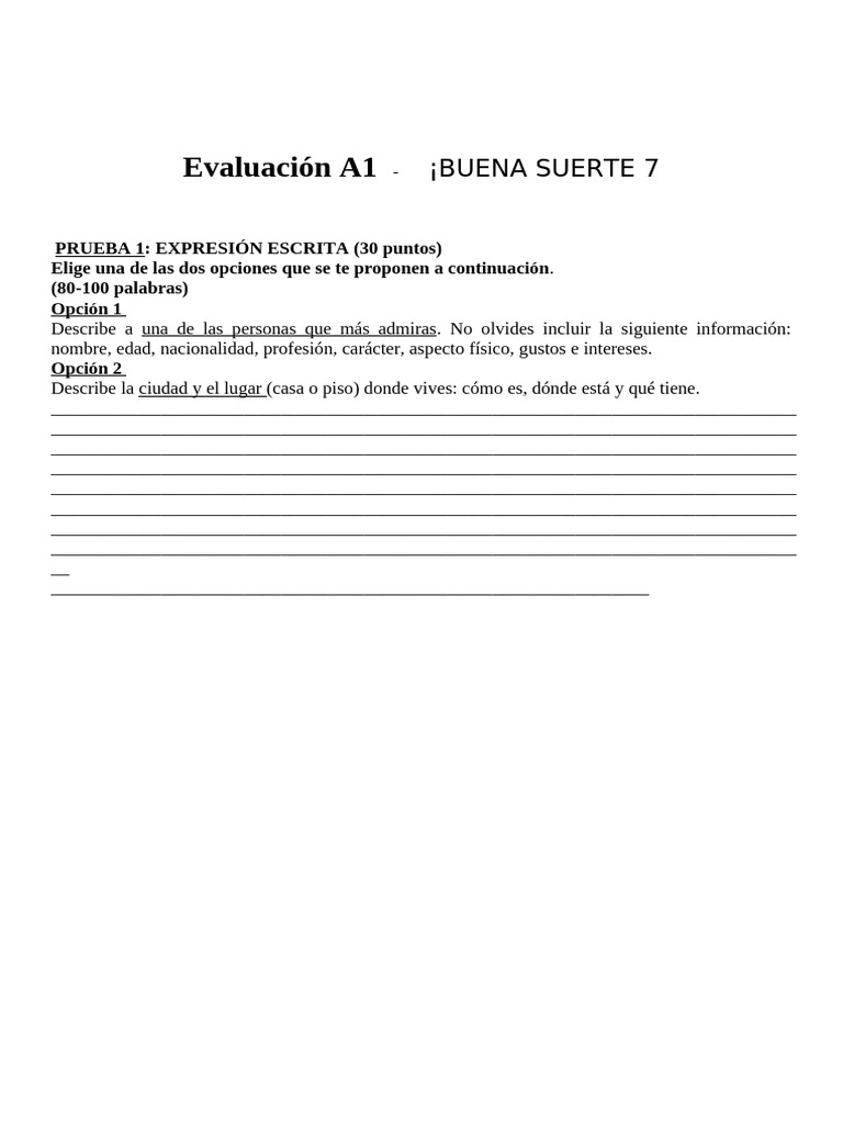 Evaluación A1: Pruebas de Español | PDF