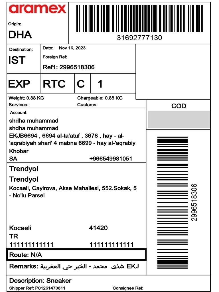 Aramex Return 31692777130 Label-data | PDF