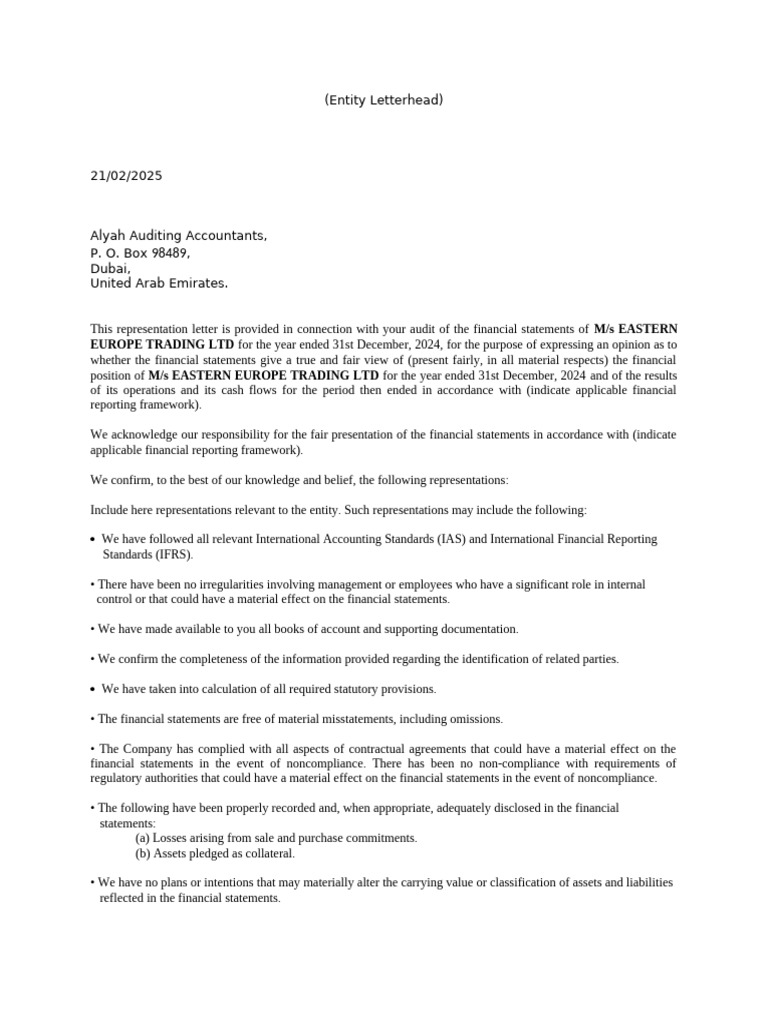 Management Representation Letter 2024 | PDF | International Financial ...
