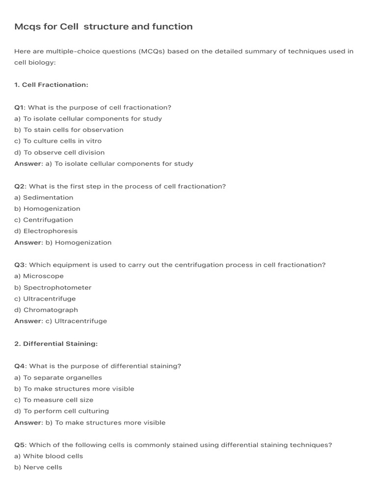 Mcqs For Cell Structure and Function | PDF | Cell Membrane | Cell (Biology)