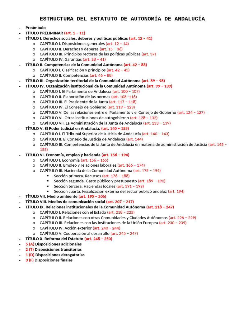 Estructura Del Estatuto de Autonomía de Andalucía | PDF | Judicaturas | Gobernancia