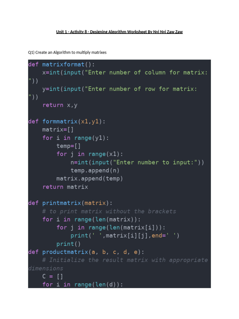 Algorithm Design Worksheet | PDF | Matrix (Mathematics) | Functions And ...