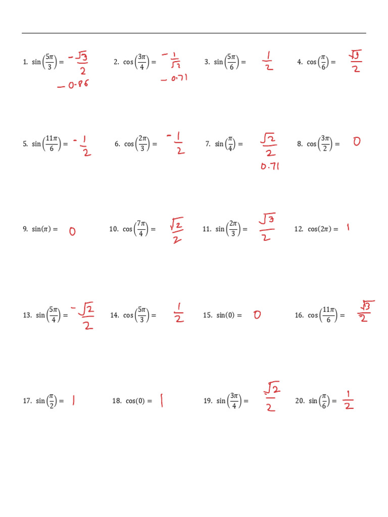 AP Precalculus Worksheets 3.3B Sine and Cosine Function Values - AK | PDF
