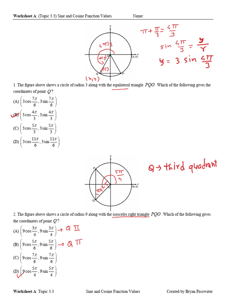 AP Precalculus Worksheets 3.3A Sine and Cosine Function Values AK | PDF