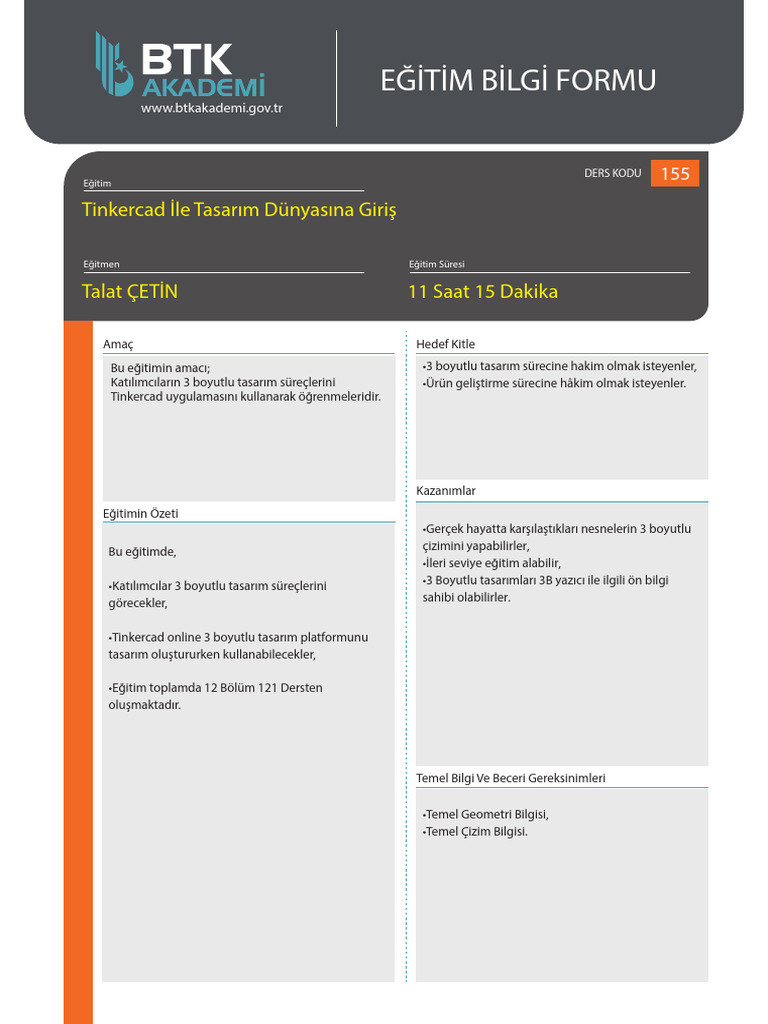 Tinkercad Ile Tasarım Dünyasına Giris Egitimi Bilgi Formu | PDF