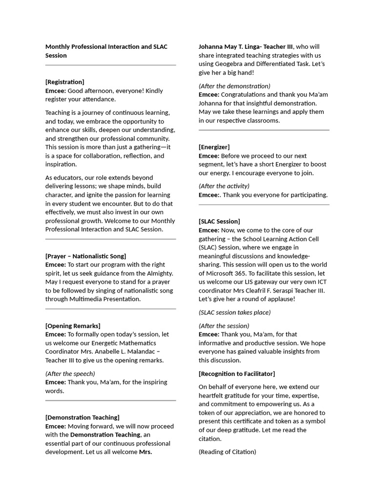 Monthly Professional Interaction and SLAC Session Script | PDF | Cognition | Behavior Modification
