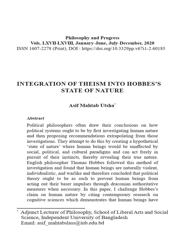 Integration of Theism Into Hobbes S Stat | PDF | Creationism | Atheism