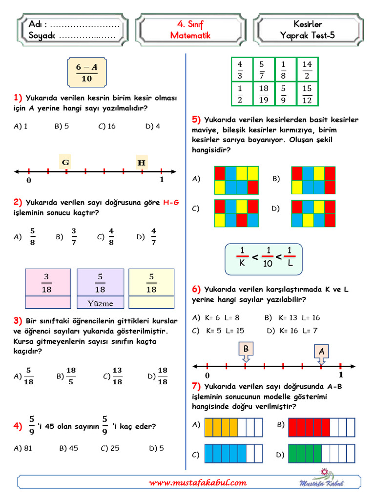 4-Matematik- Kesirler-Yaprak Test-5 | PDF