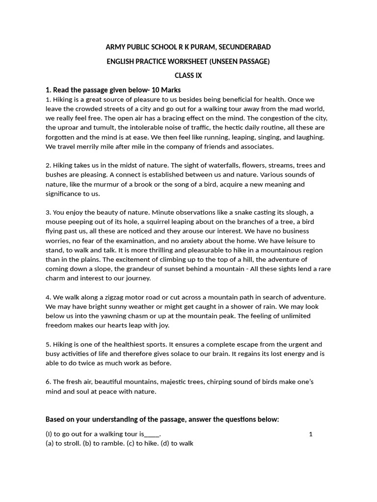 Unseen Passage Worksheet | PDF