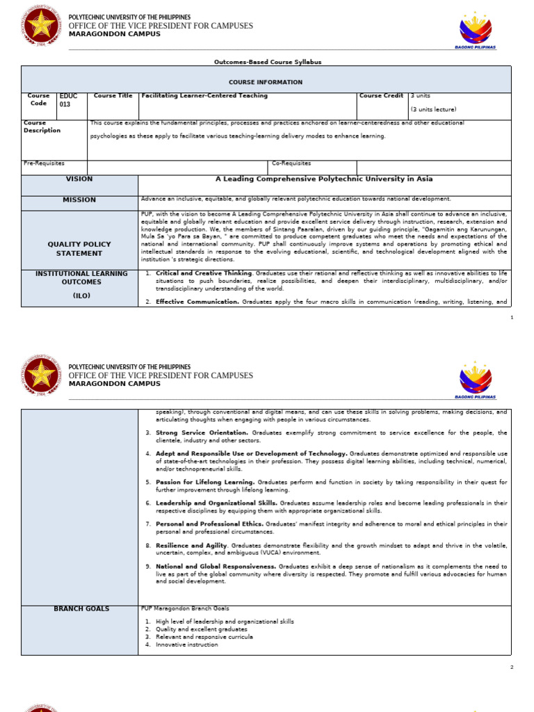 Syllabus - Educ 013.facilitating Learner Centered Teaching - Bse3 | PDF | Constructivism ...