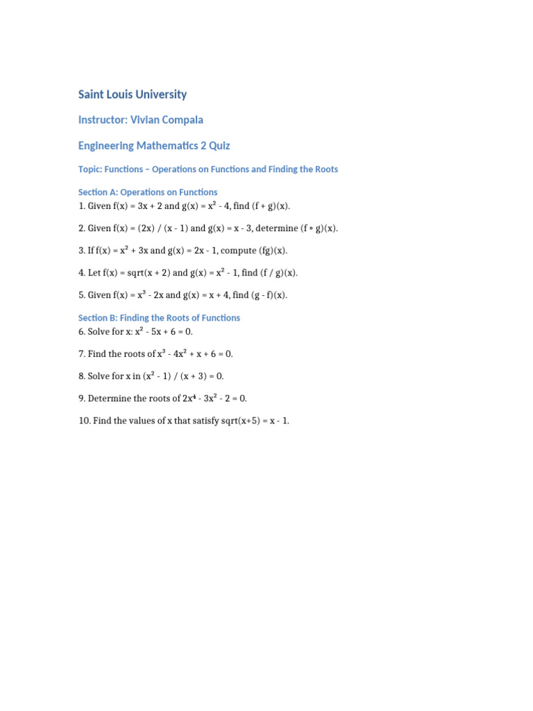 Engineering Math 2: Functions Quiz | PDF