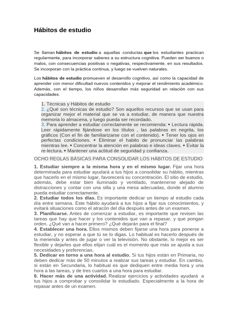 Hábitos de Estudio Efectivos para Niños | PDF | Aprendizaje | Cognición