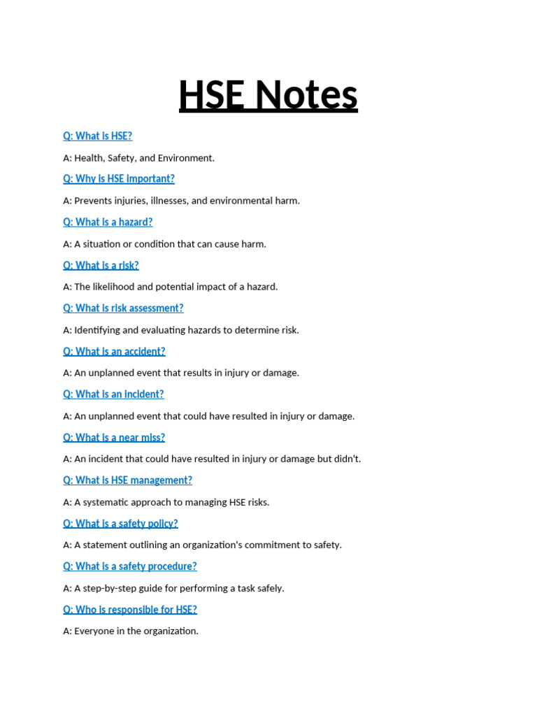 HSE short notes | PDF | Risk | Hazards