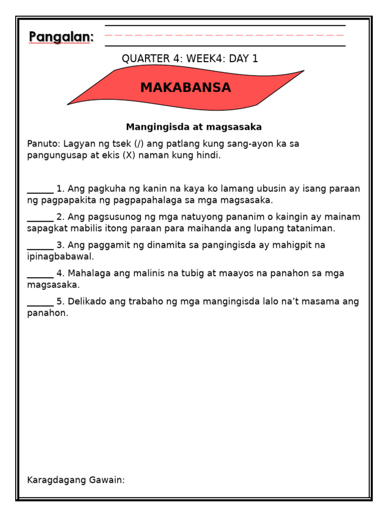 Worksheet Makabansa Q4 Week4 | PDF