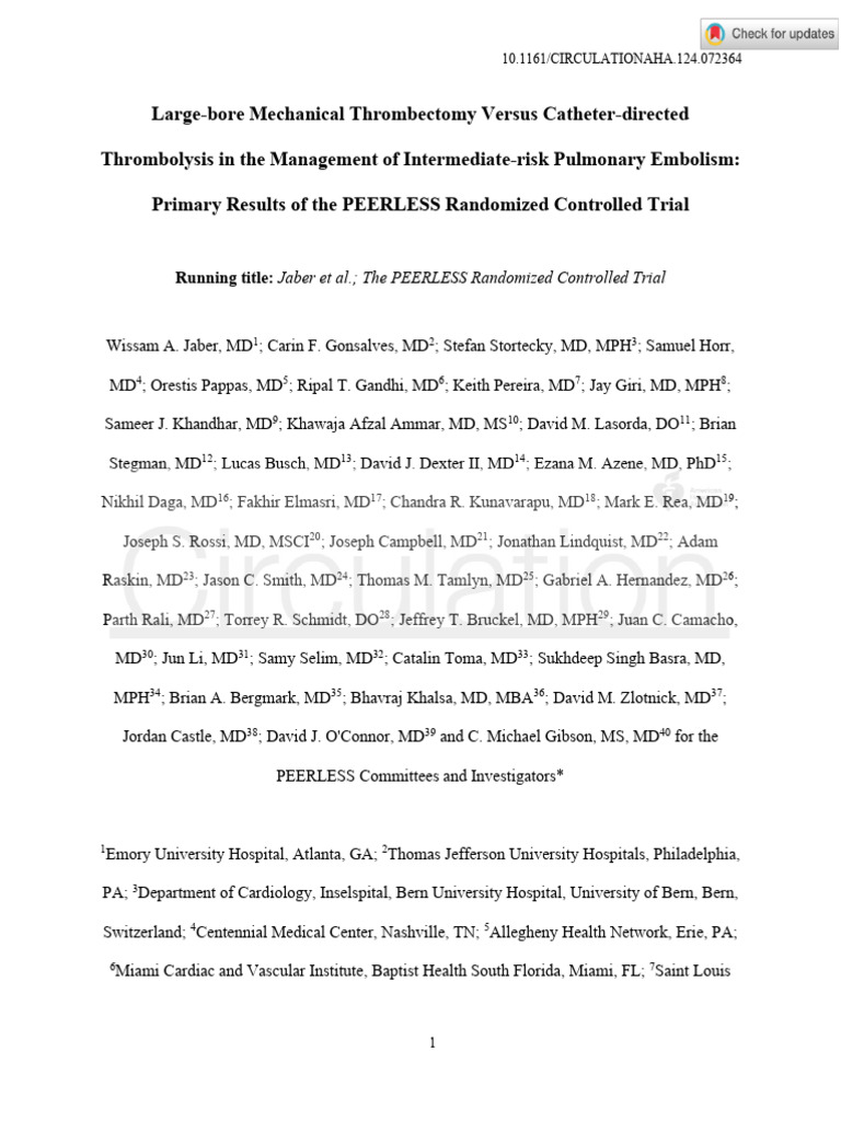 PEERLESS Trial: LBMT vs CDT in PE | PDF | P Value | Statistics