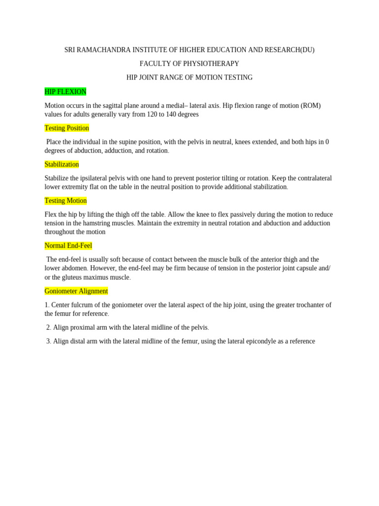 Hip Joint Rom Testing | PDF | Hip | Anatomical Terms Of Motion