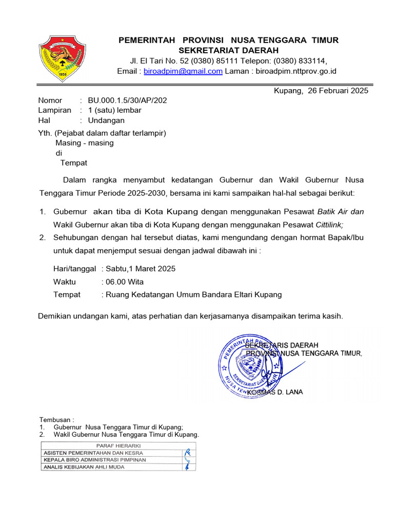 Undangan Penjemputan Gubernur Dan Wakil Gubernur NTT 1 Maret 2025 | PDF