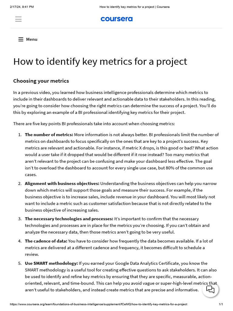 How To Identify Key Metrics For A Project - Coursera | PDF ...