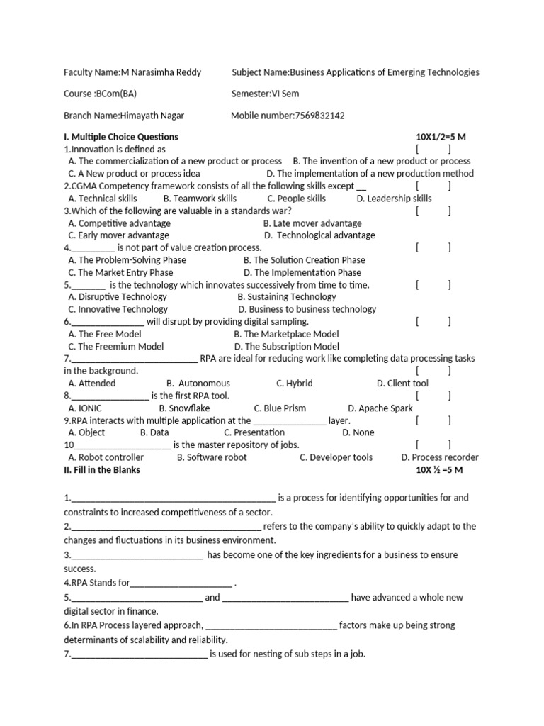 BAET-Bcom (BA) VI SEM I Internal QP | PDF | Automation | Information Technology