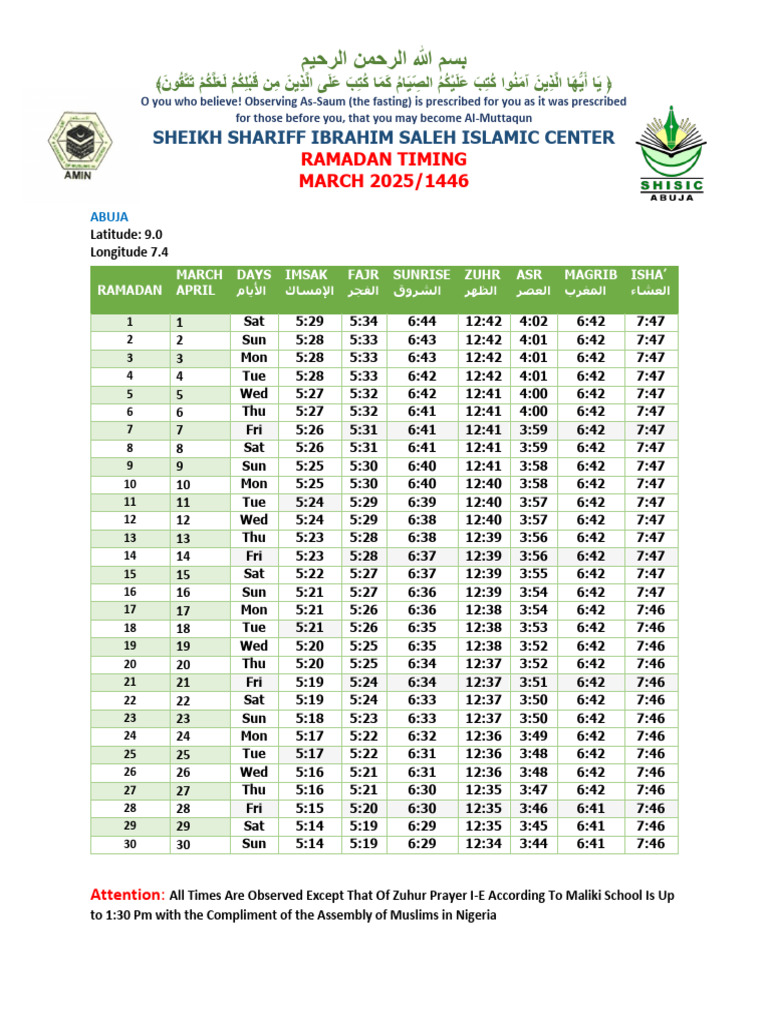 ABUJA IMSAKIYYA SHEIKH SHARIFF IBRAHIM SALEH ISLAMIC CENTER | PDF ...