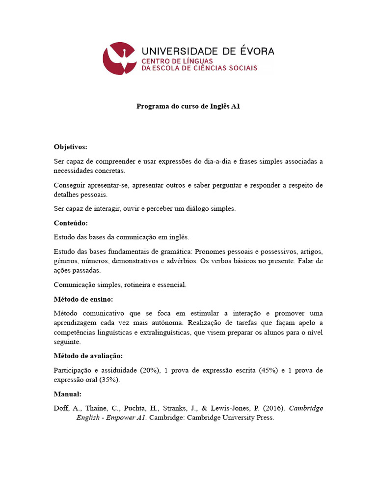 Curso De Inglês A1 Objetivos E Conteúdo Pdf
