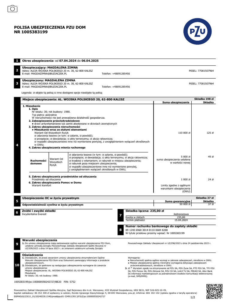 Polisa Ubezpieczenia Pzu Dom NR 1005383199 | PDF