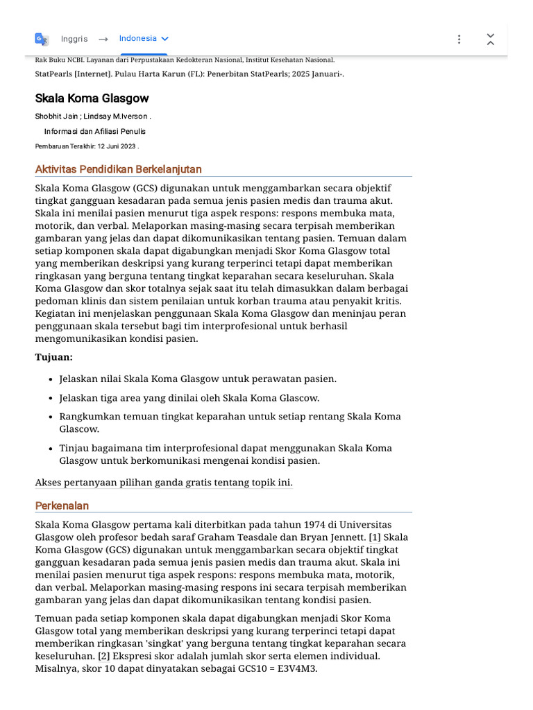 Skala Koma Glasgow - StatPearls - Rak Buku NCBI | PDF