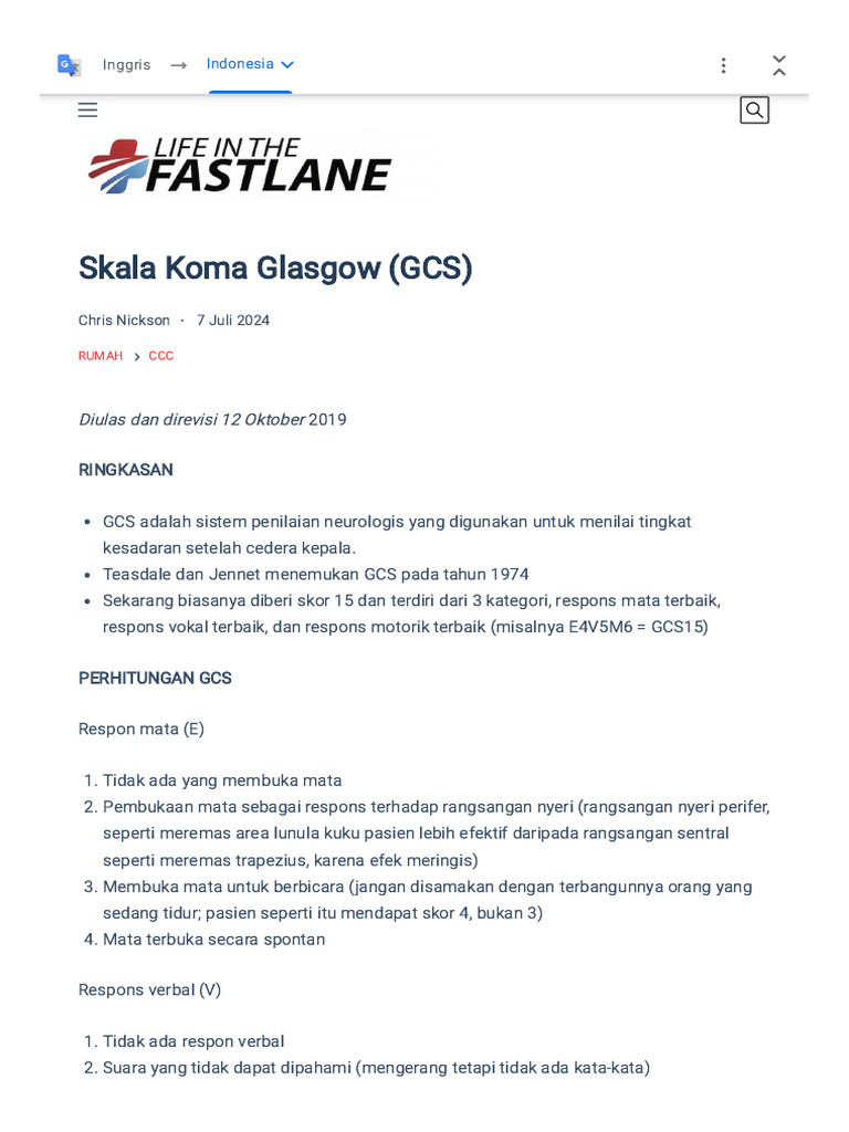 Skala Koma Glasgow (GCS) - LITFL - CCC Trauma | PDF