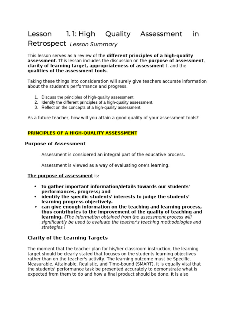 LESSON 1 High Quality Assessment | PDF | Educational Assessment | Learning
