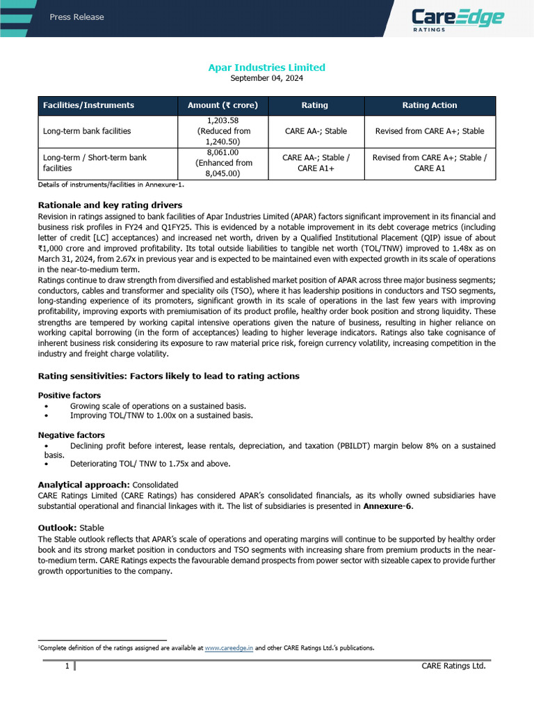 Apar Industries Rating Upgrade Analysis | PDF | Private Sector | Business