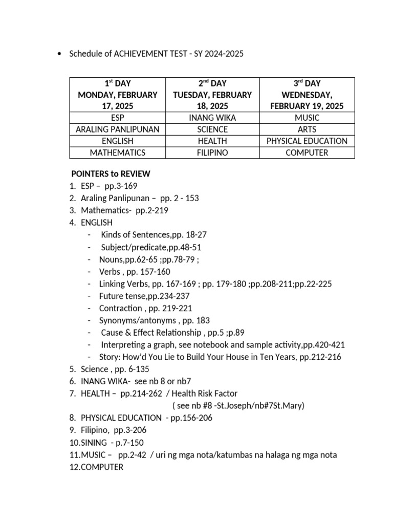 Achievement Test Schedule SY 2024-2025 | PDF