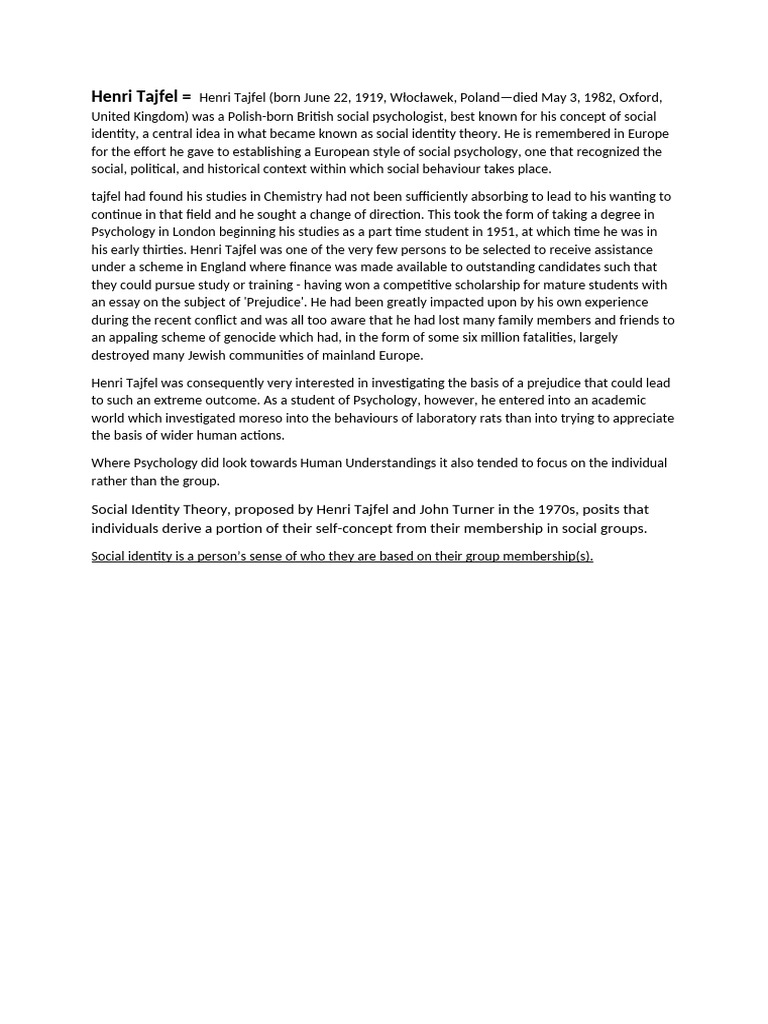 Henri Tajfel and Social Identity Theory | PDF
