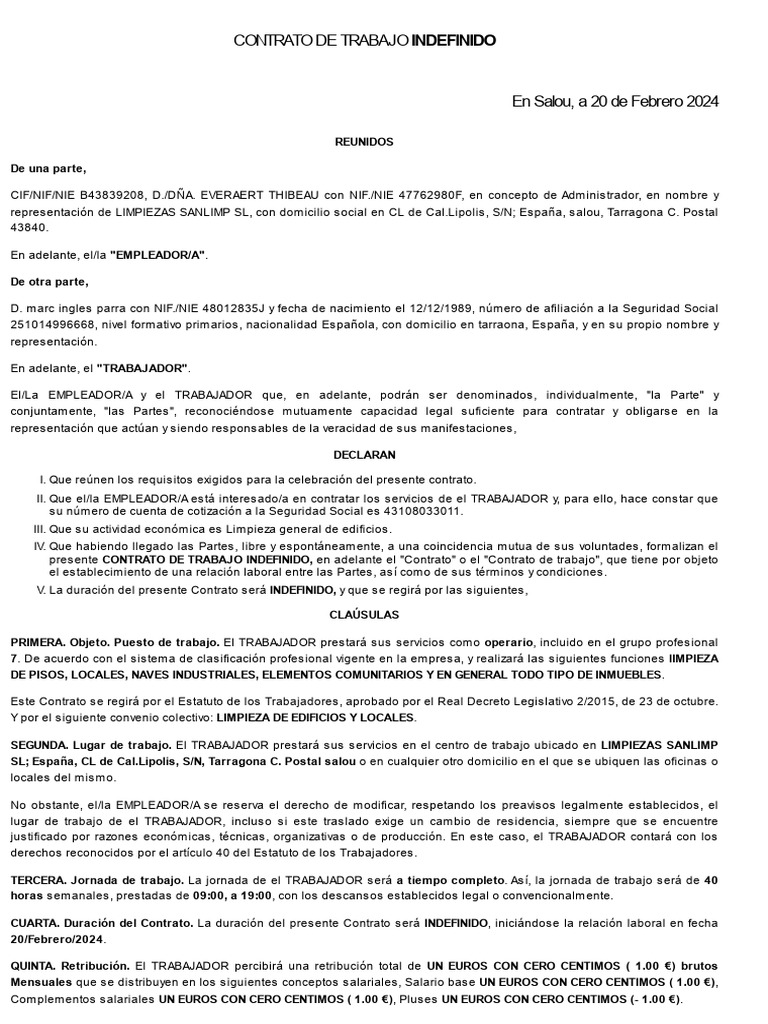 Contrato de Trabajo para España - Plantilla y Generador Fácil | PDF ...