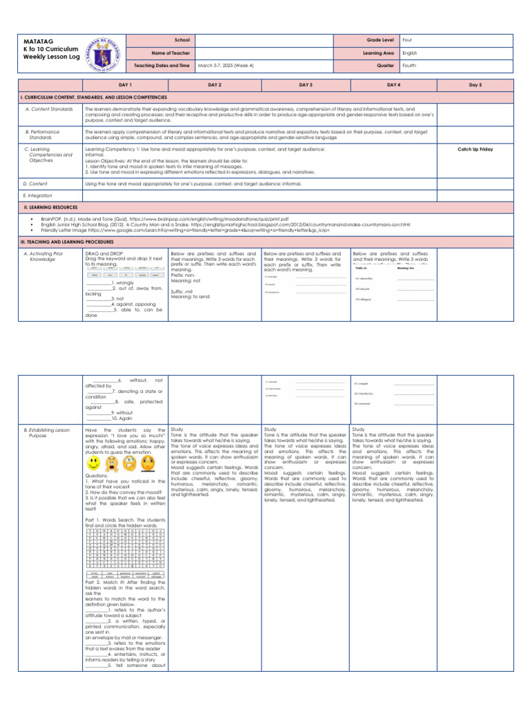 Q4-W4-ENGLISH4-LE-MATATAG | PDF | Reading Comprehension | Human Communication