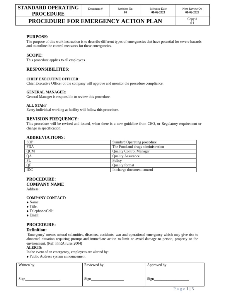 Emergency Action Plan SOP Guide | PDF | Emergency | Food And Drug ...