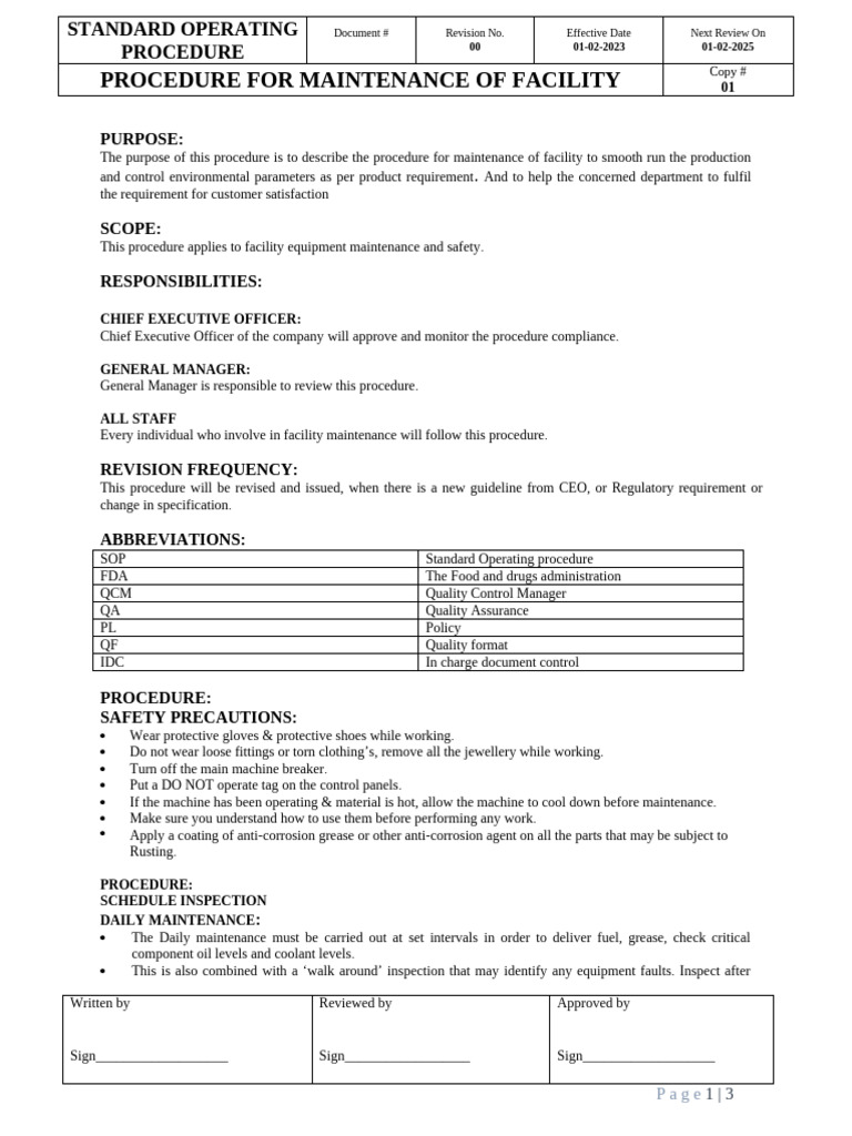 Facility Maintenance SOP Guidelines | PDF | Quality Assurance | Food ...