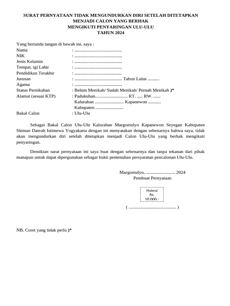 Surat Pernyataan Tidak Mengundurkan Diri | PDF