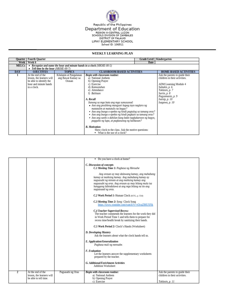 Kindergarten WLP-Q4-Week 6 Asf | PDF | Teaching | Behavior Modification