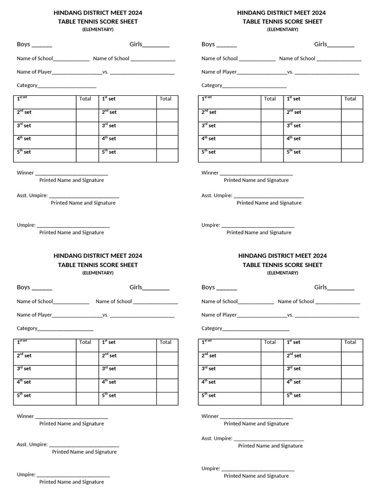 Hindang District Table Tennis Score Sheet | PDF | Ball Games