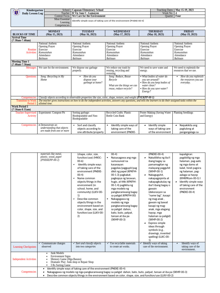 Kindergarten Environmental Lesson Plan | PDF | Biodegradation | Recycling