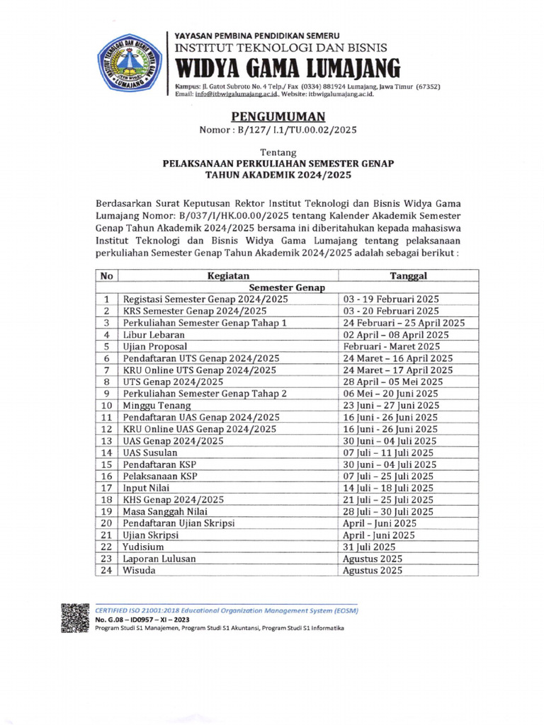 Jadwal Perkuliahan Genap 2024/2025 | PDF