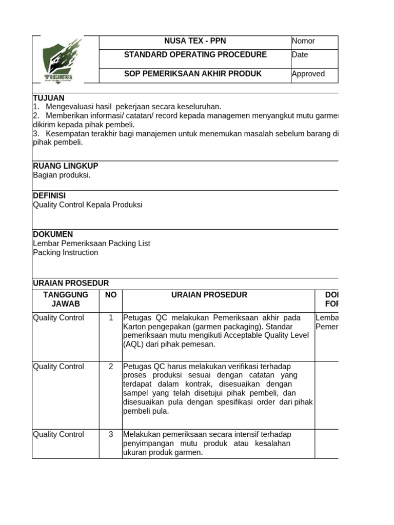 Nusa Tex 17 SOP PEMERIKSAAN AKHIR PRODUK FORMS | PDF