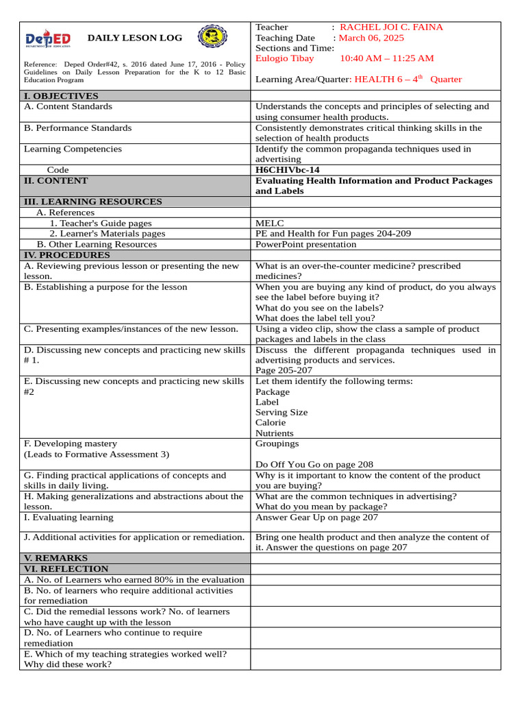 DAILY-LESON-LOG-HEALTH-March 6-Q4 | PDF | Learning | Procedural Knowledge