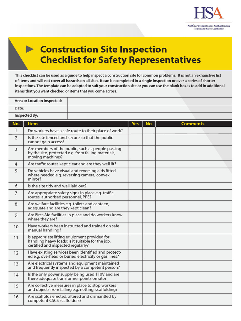 Construction Site Inspection Checklist For Safety Representatives | PDF ...