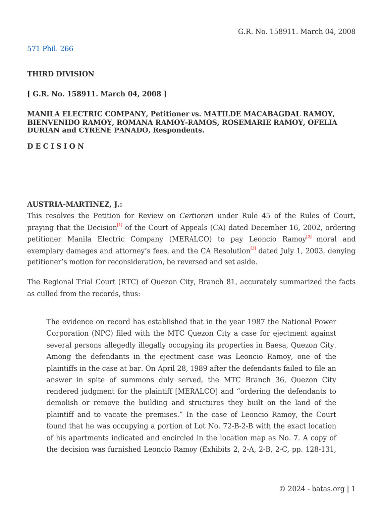 MERALCO vs. Ramoy: Ejectment Case Review | PDF | Lawsuit | Damages